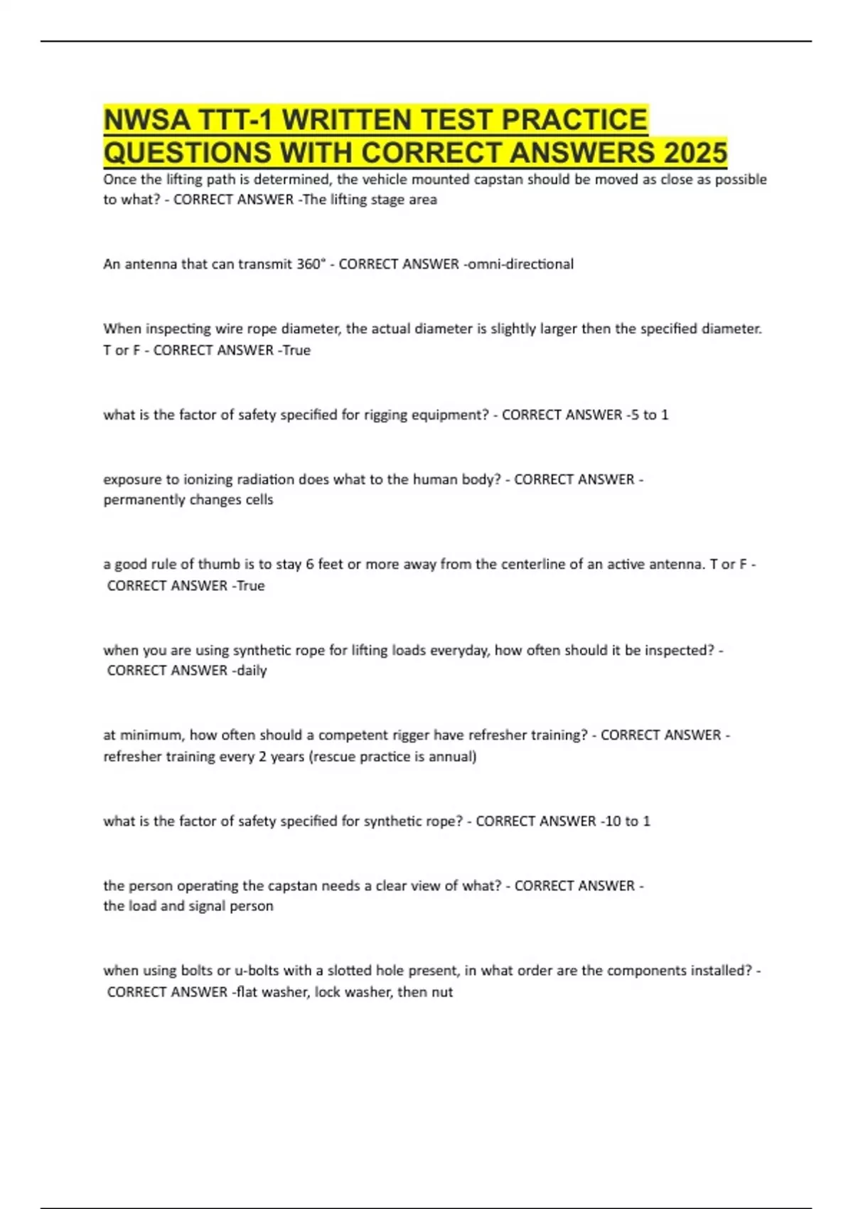 NWSA TTT-1 WRITTEN TEST PRACTICE QUESTIONS WITH CORRECT ANSWERS 2025 ...