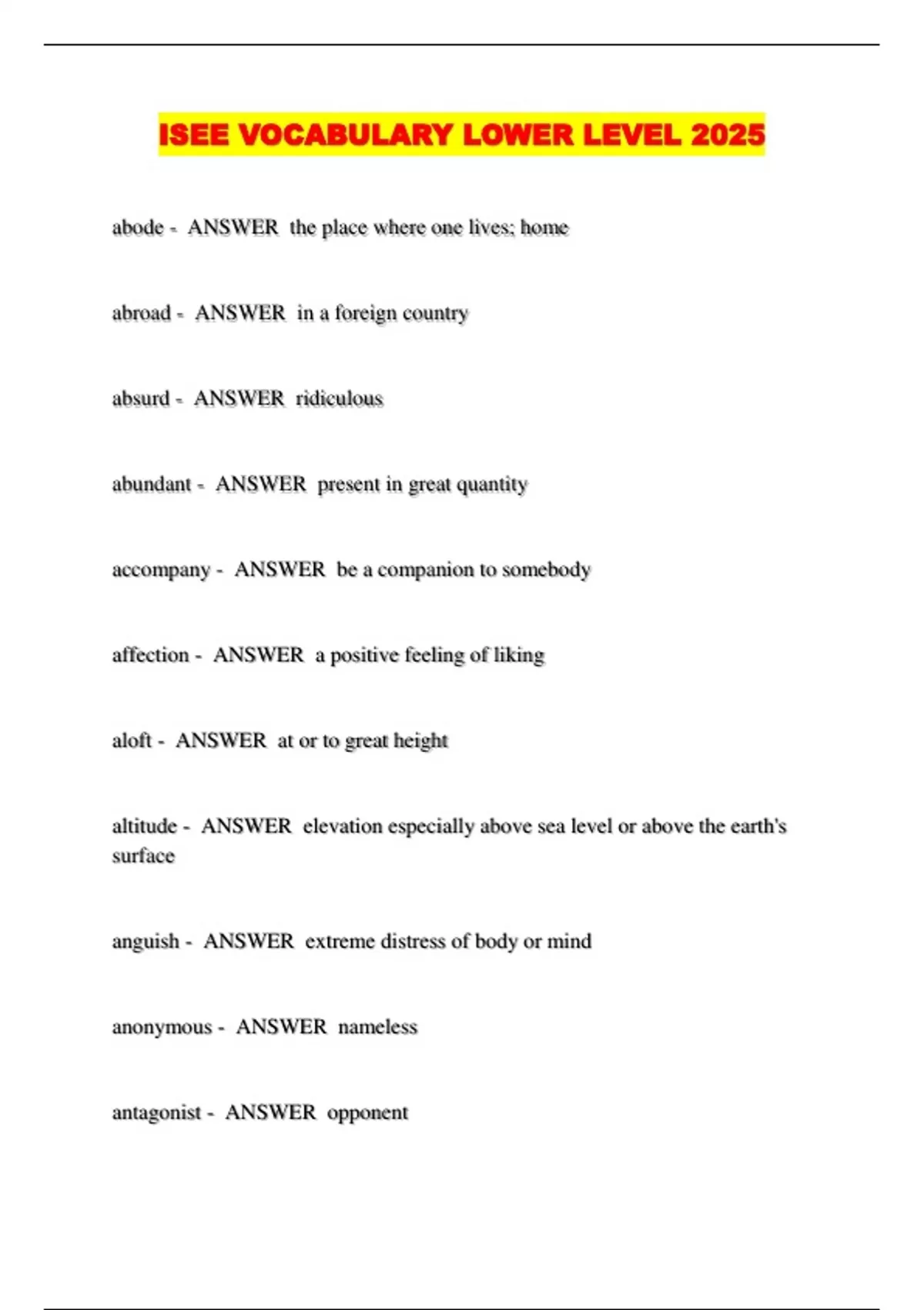 ISEE VOCABULARY LOWER LEVEL 2025 - ISEE VOCABULARY LOWER LEVEL - Stuvia US