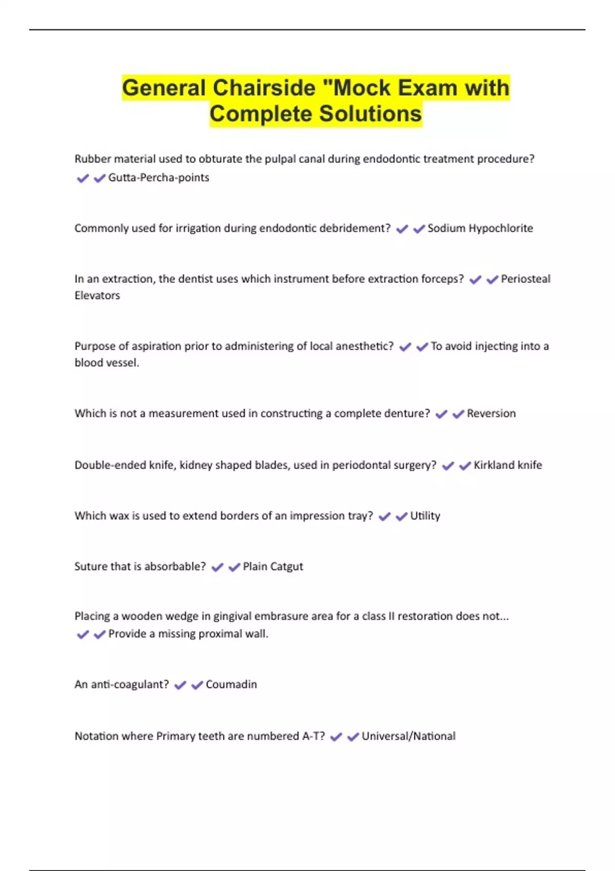 General Chairside "Mock Exam with Complete Solutions - General ...