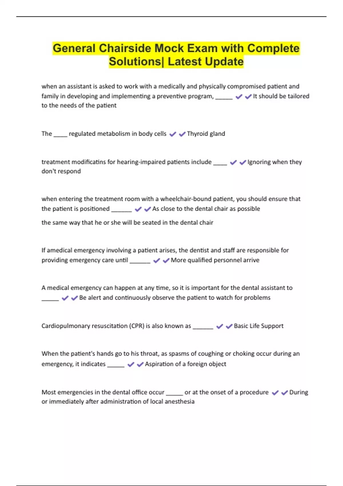 General Chairside Mock Exam with Complete Solutions| Latest Update ...