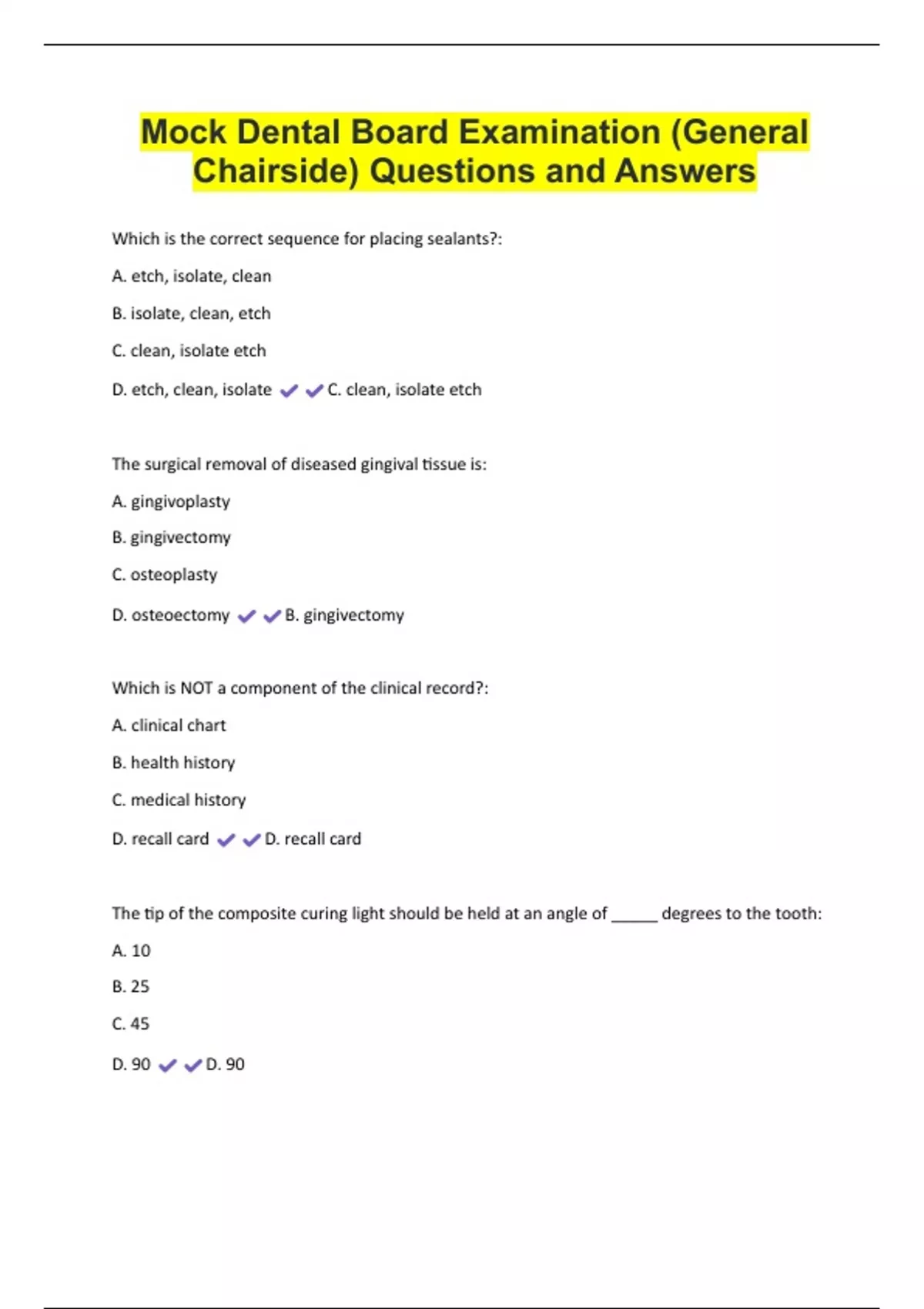Mock Dental Board Examination (General Chairside) Questions and Answers ...