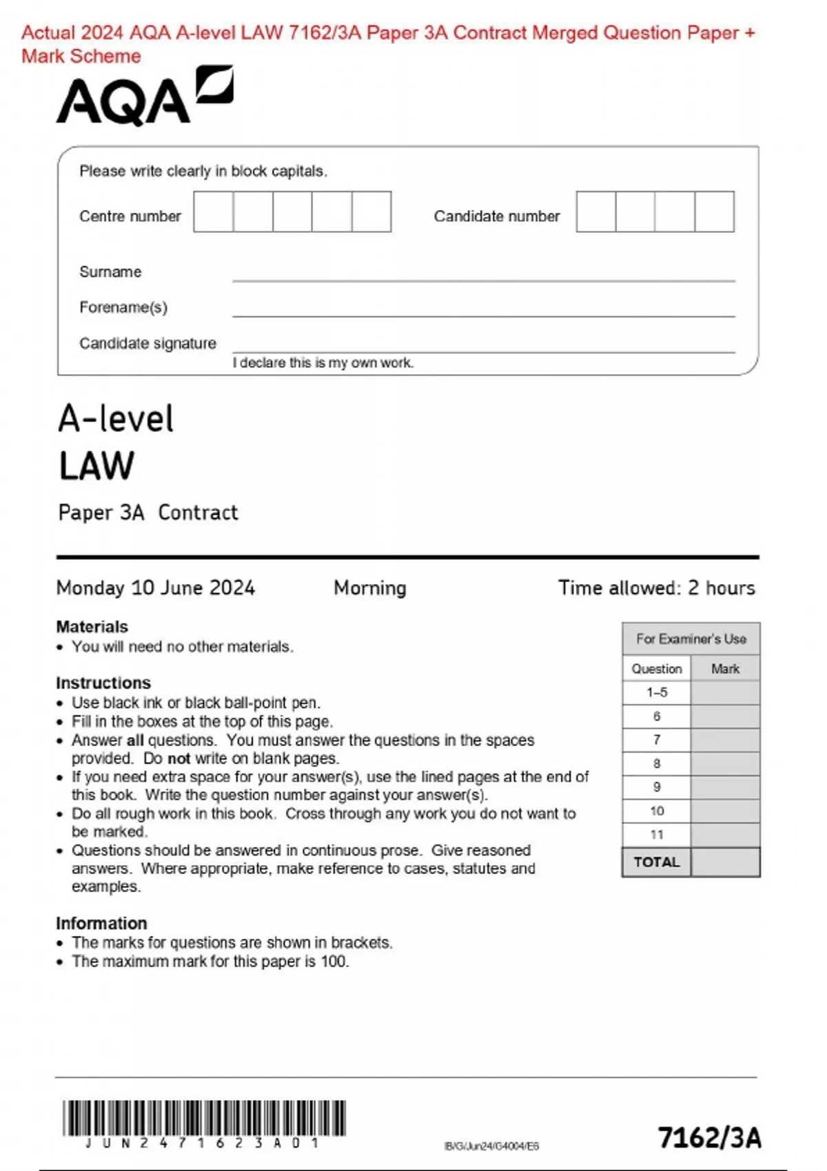 Actual 2024 AQA A-level LAW 7162/3A Paper 3A Contract Merged Question Paper + Mark Scheme - AQA ...