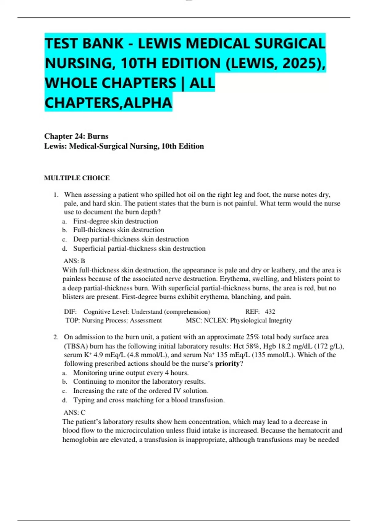 Lewis Medical-Surgical Nursing Test Bank | 10th Edition (2025) - Lewis ...