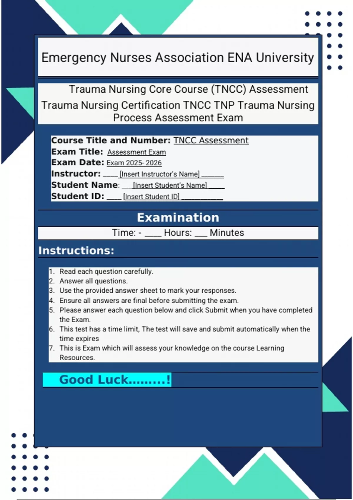 TNCC Trauma Nursing Core Course Exam Review Questions with Correct Answers | 100% Pass ...