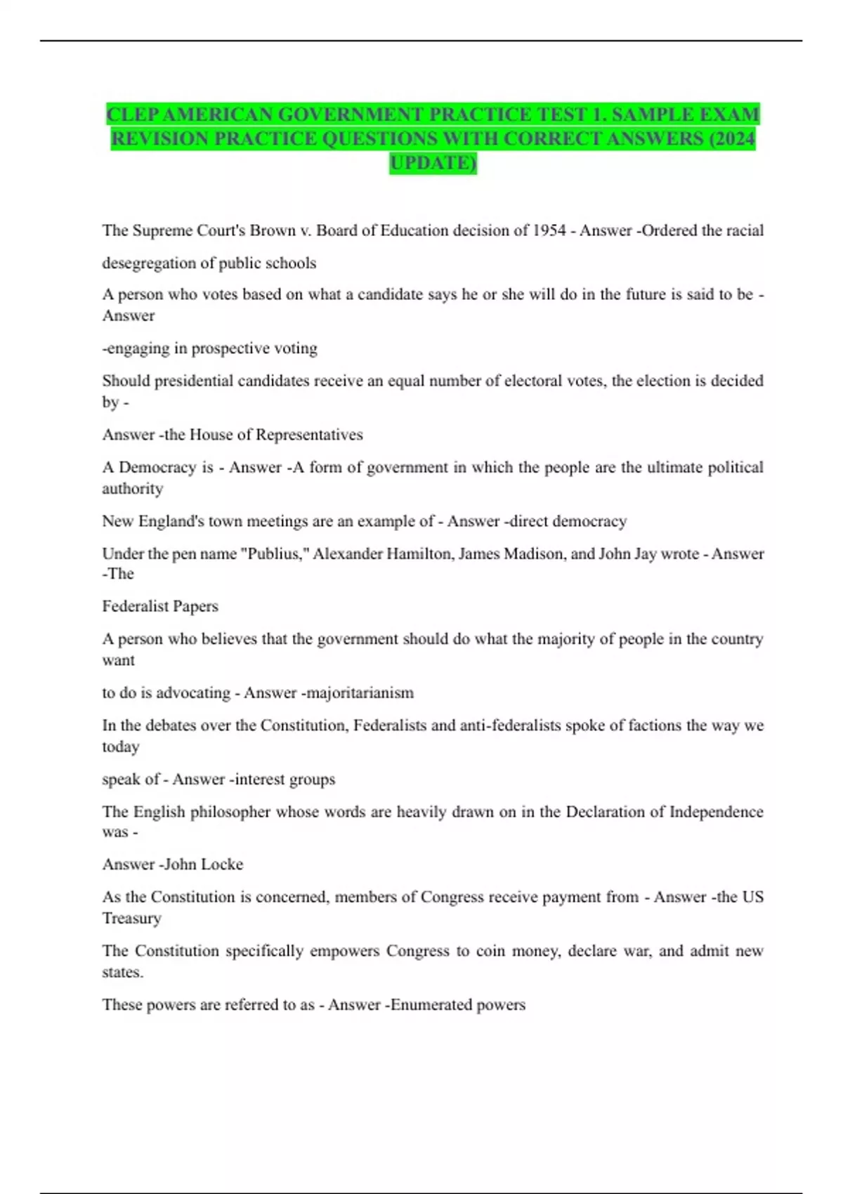 CLEP AMERICAN GOVERNMENT PRACTICE TEST 1. SAMPLE EXAM REVISION PRACTICE ...