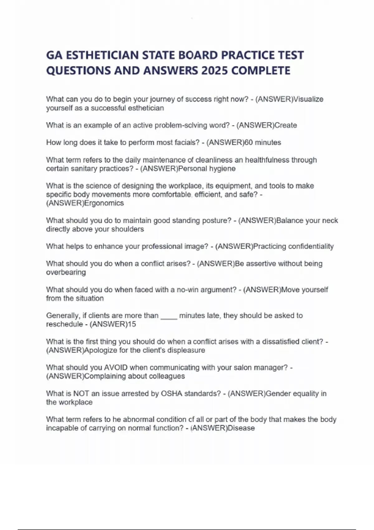 GA ESTHETICIAN STATE BOARD PRACTICE TEST QUESTIONS AND ANSWERS 2025 ...