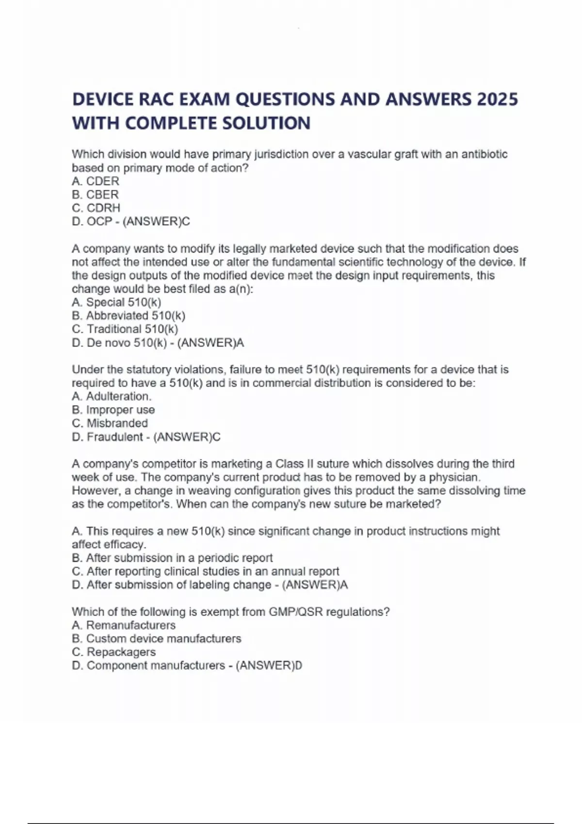 DEVICE RAC EXAM QUESTIONS AND ANSWERS 2025 WITH COMPLETE SOLUTION - RAC ...