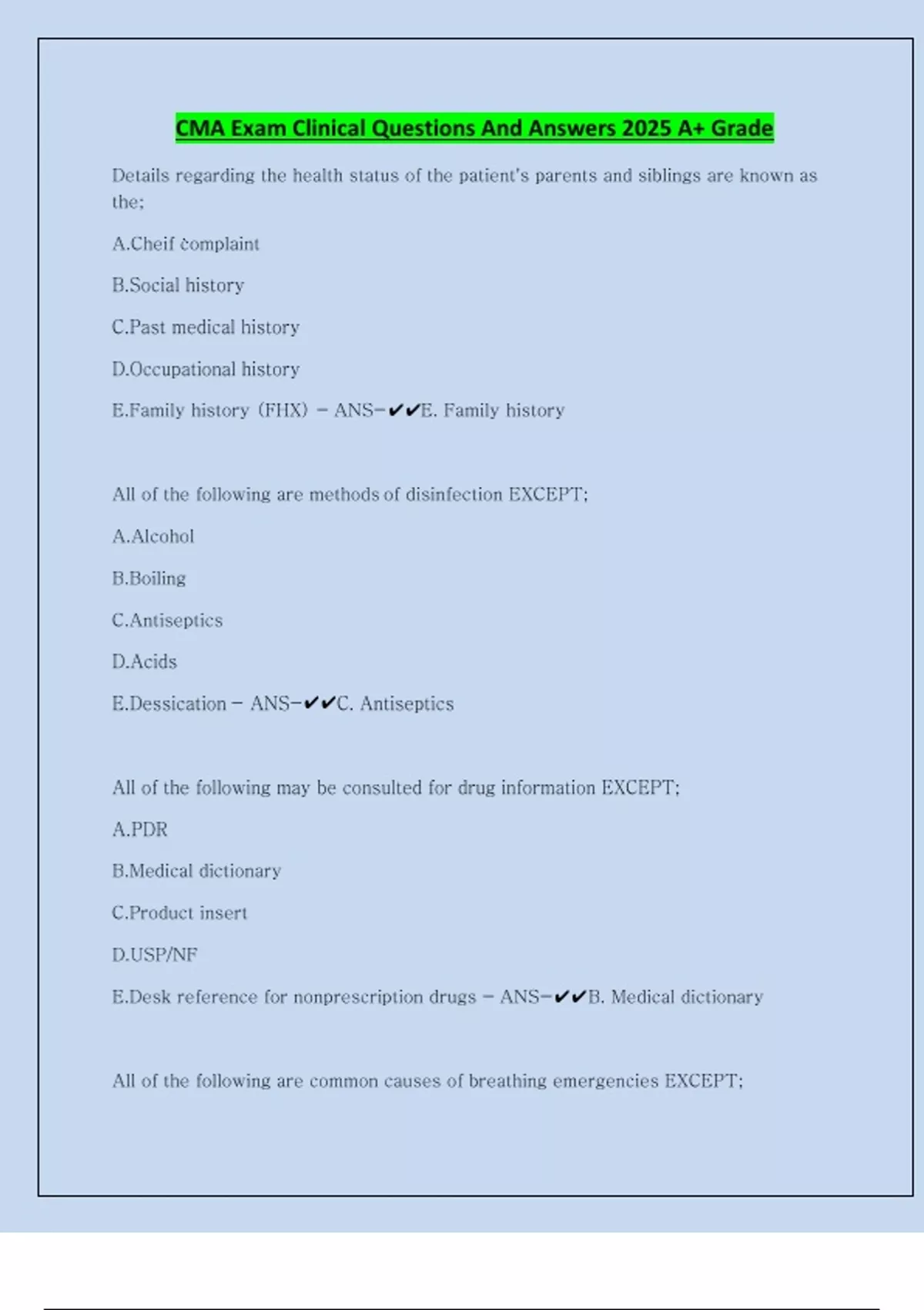 CMA Exam Clinical Questions And Answers 2025 A+ Grade - Cma - Stuvia US