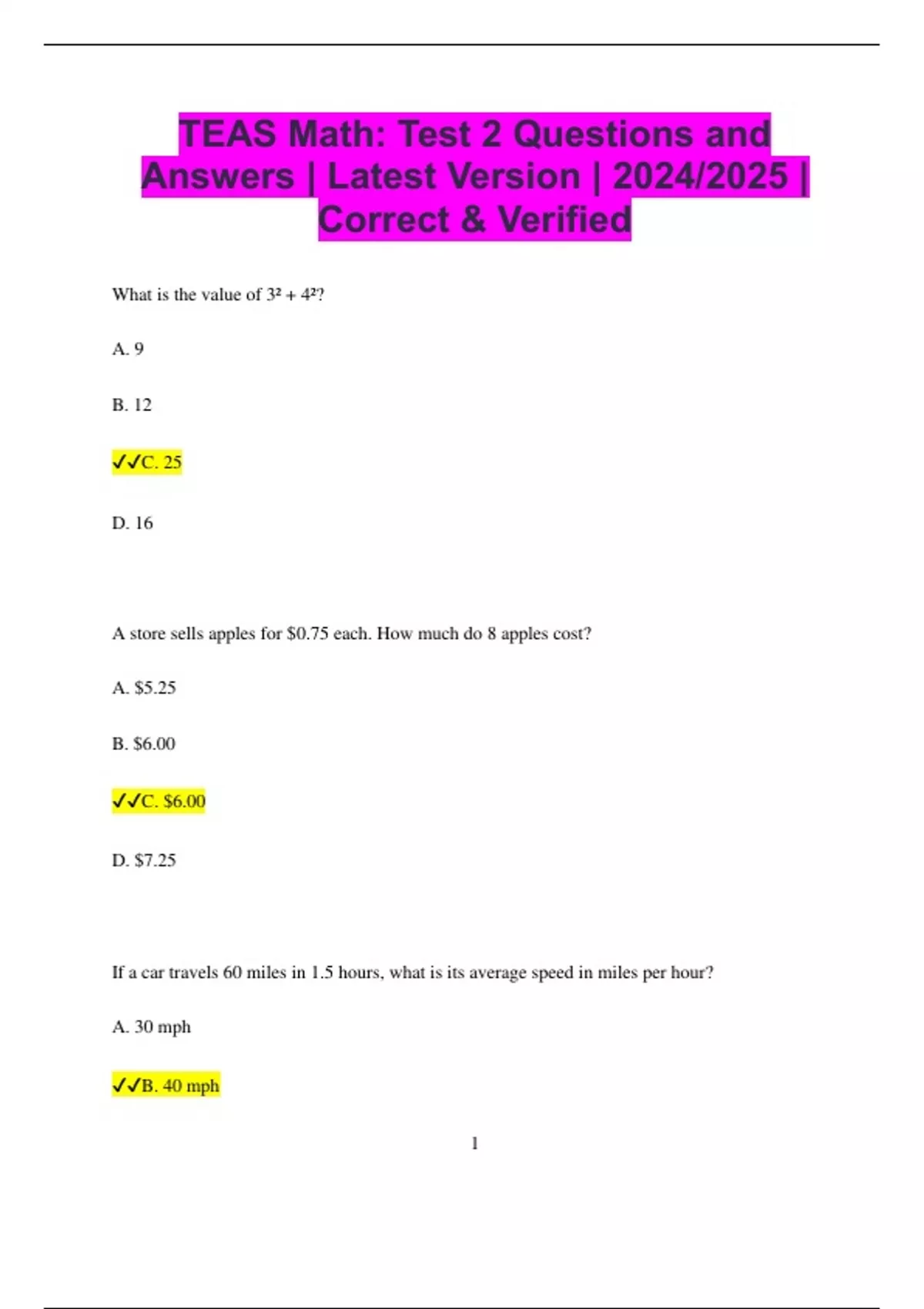 TEAS Math: Test 2 Questions and Answers | Latest Version | 2024/2025 ...