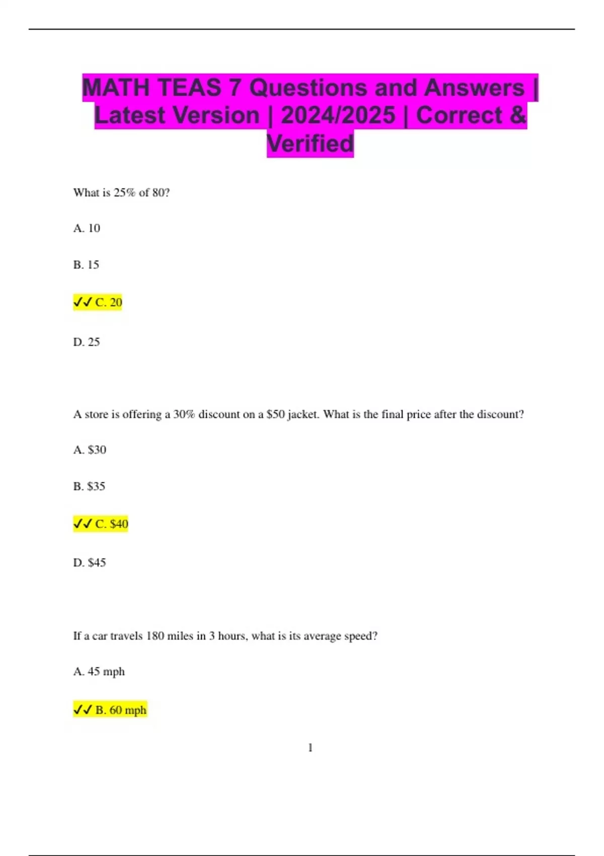 MATH TEAS 7 Questions and Answers | Latest Version | 2024/2025 ...