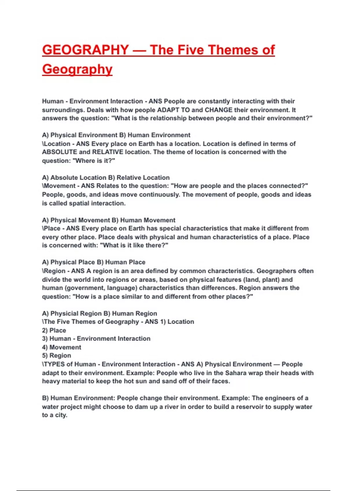 GEOGRAPHY — The Five Themes of Geography Exam 2025/2026 Questions With ...