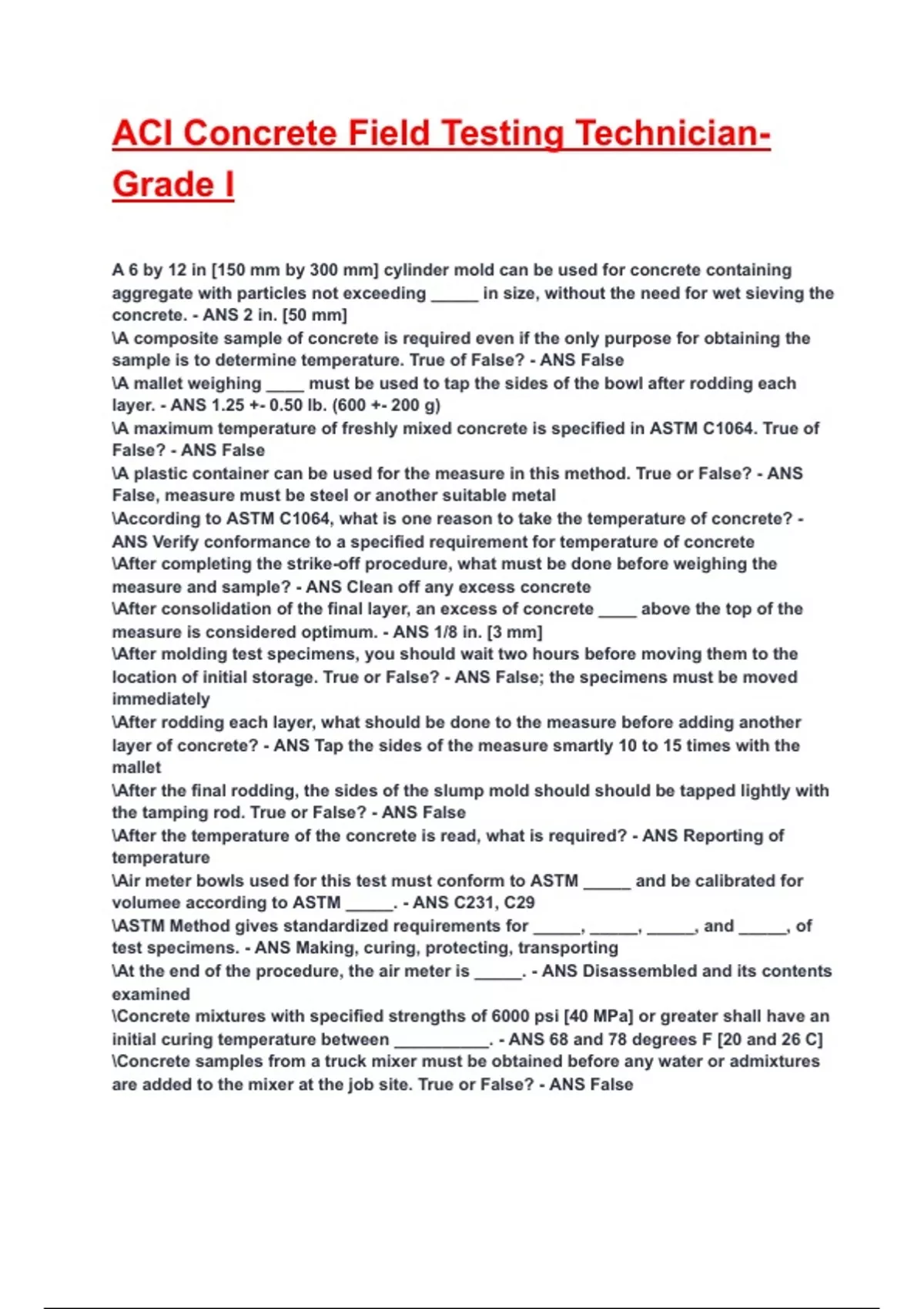 A WHOLE BUNDLE FOR ACI- Concrete Field-Testing Technician - Grade 1 ...