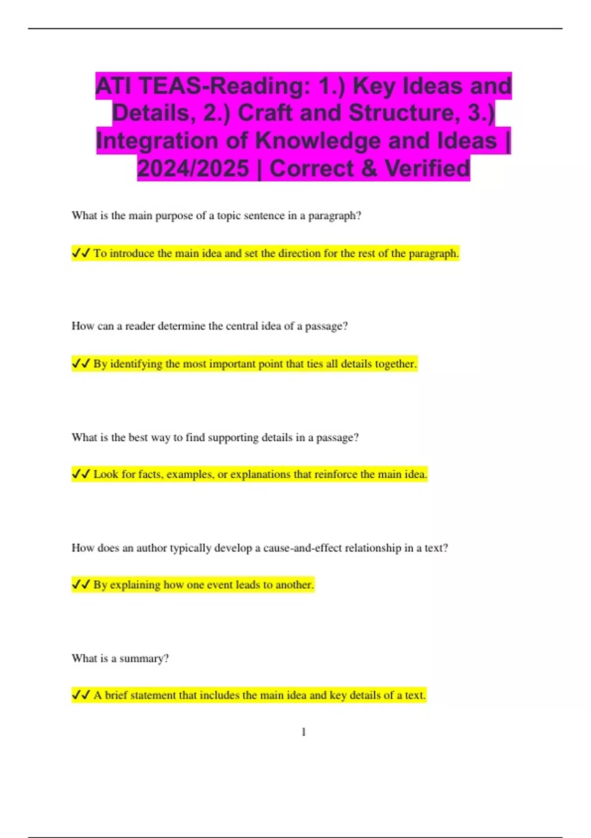 ATI TEAS-Reading: 1.) Key Ideas and Details, 2.) Craft and Structure, 3 ...