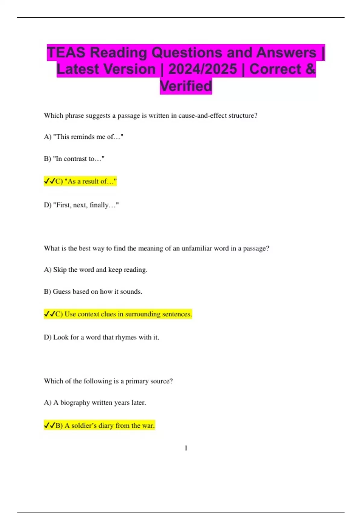 TEAS Reading Questions and Answers | Latest Version | 2024/2025 ...