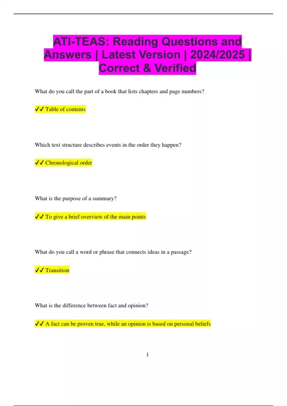 ATI-TEAS: Reading Questions and Answers | Latest Version | 2024/2025 ...