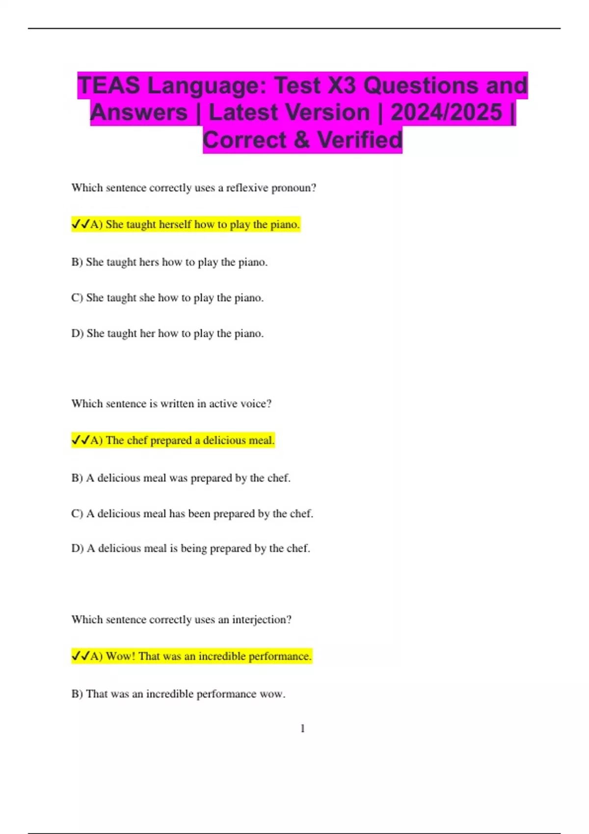 TEAS Language: Test X3 Questions and Answers | Latest Version | 2024/ ...