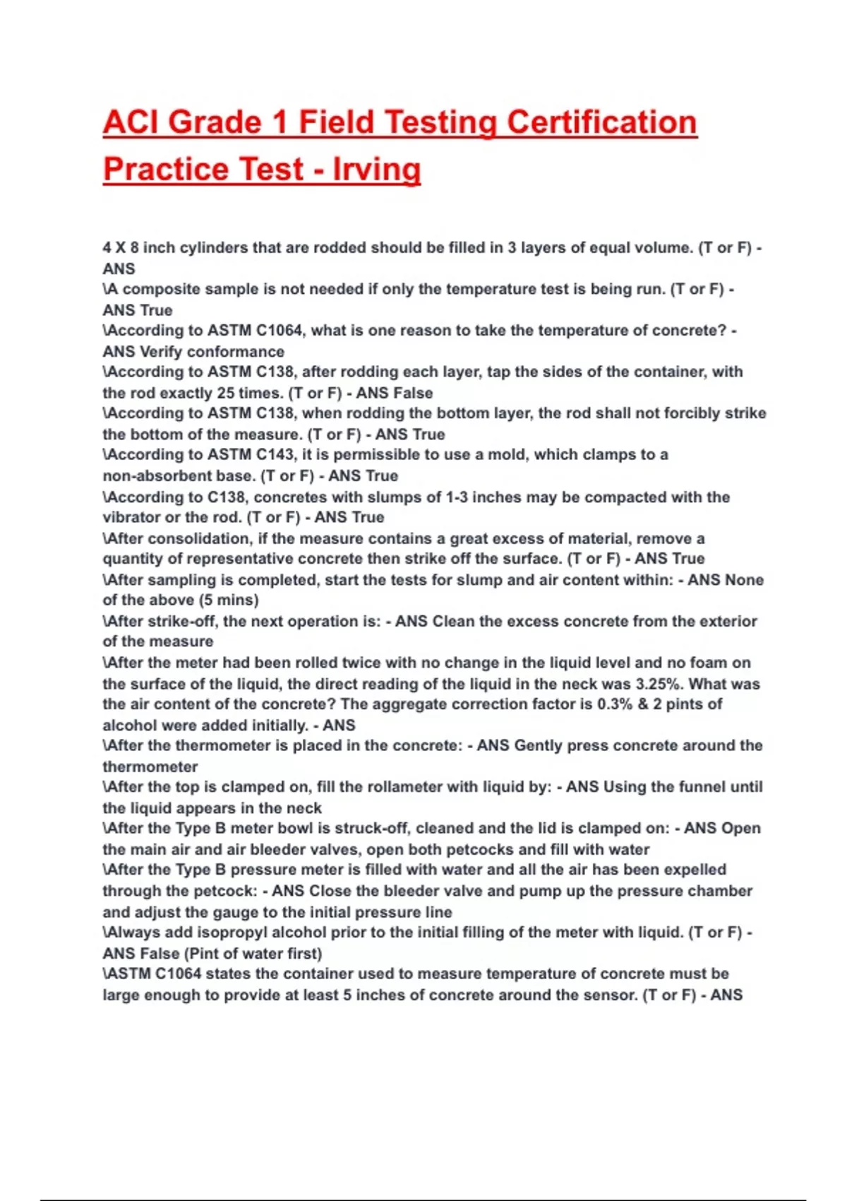 ACI Grade 1 Field Testing Certification Practice Test - Irving Exam ...