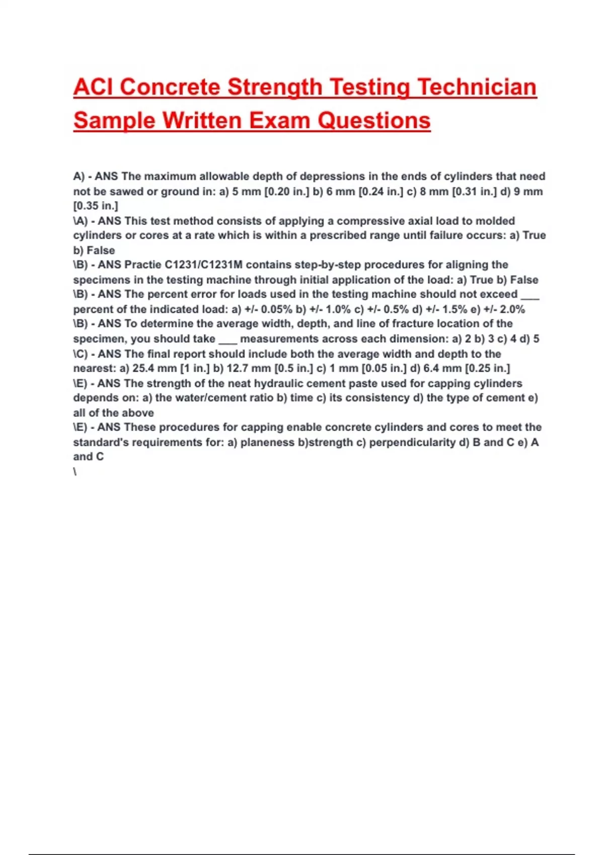 ACI Concrete Strength Testing Technician Sample Written Exam 2025/2026 ...