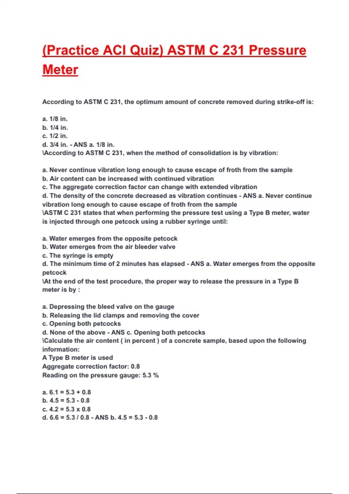 (Practice ACI Quiz) ASTM C 231 Pressure Meter Exam 2025/2026 Questions ...