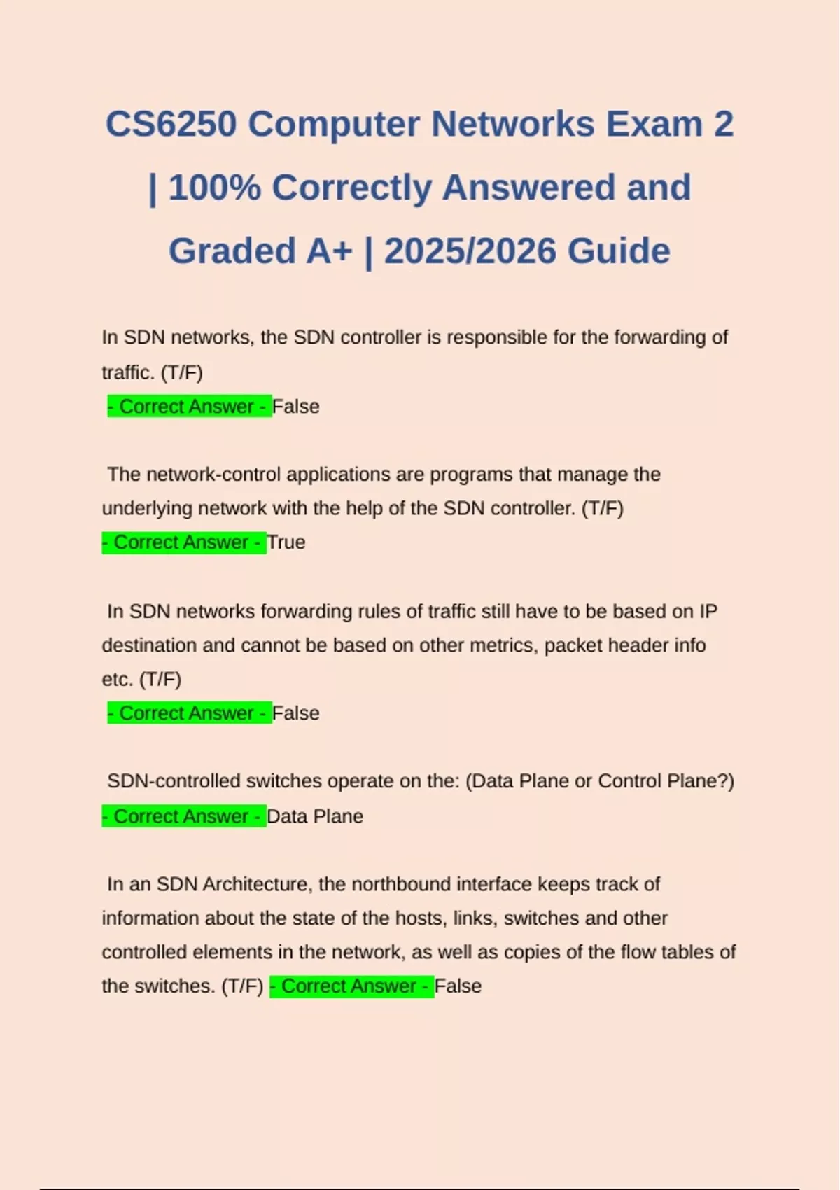 CS6250 Computer Networks Exam 2 | 100% Correctly Answered and Graded A+ | 2025/2026 Guide ...