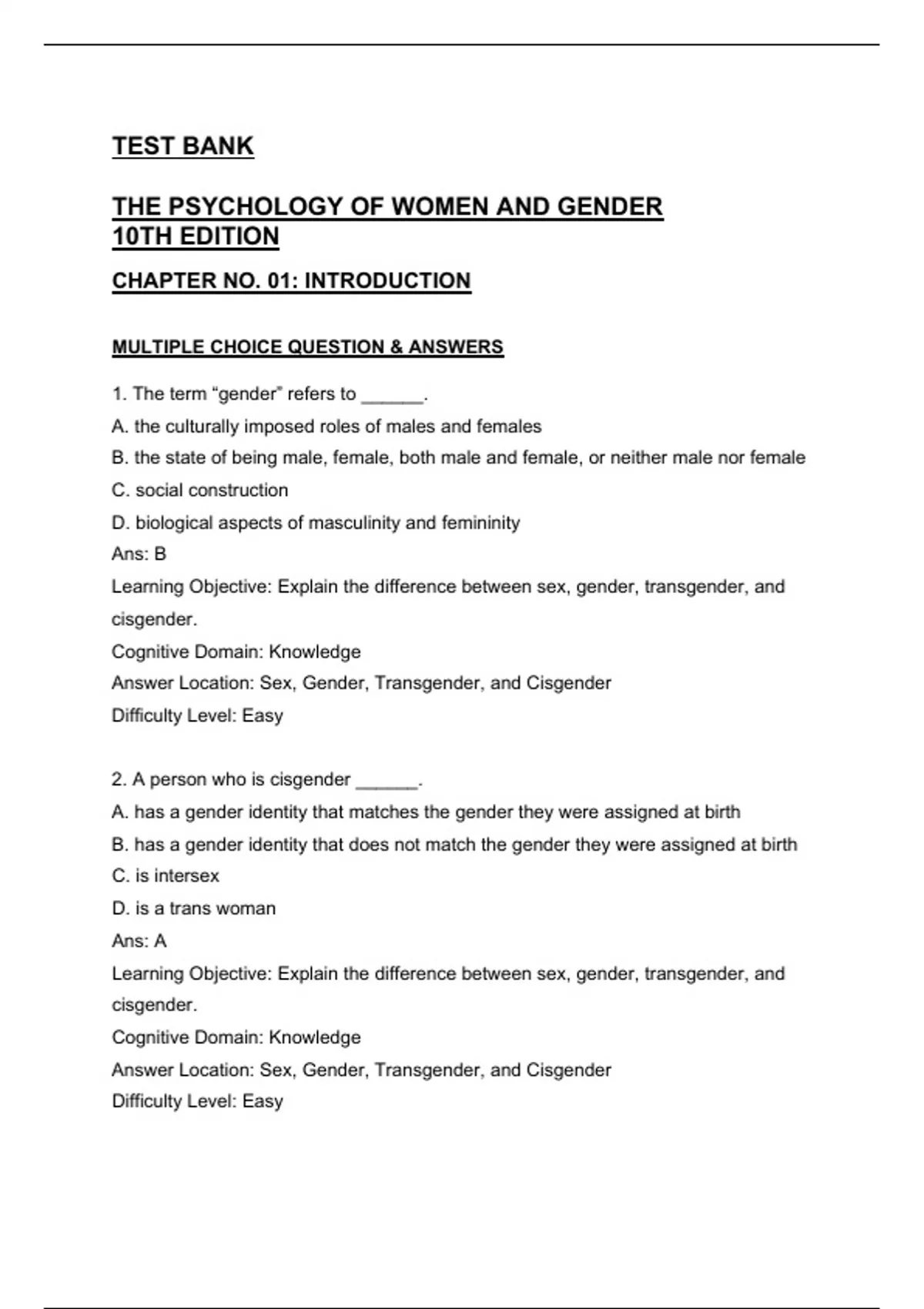 Test Bank For The Psychology of Women and Gender, 10th Edition, Else ...
