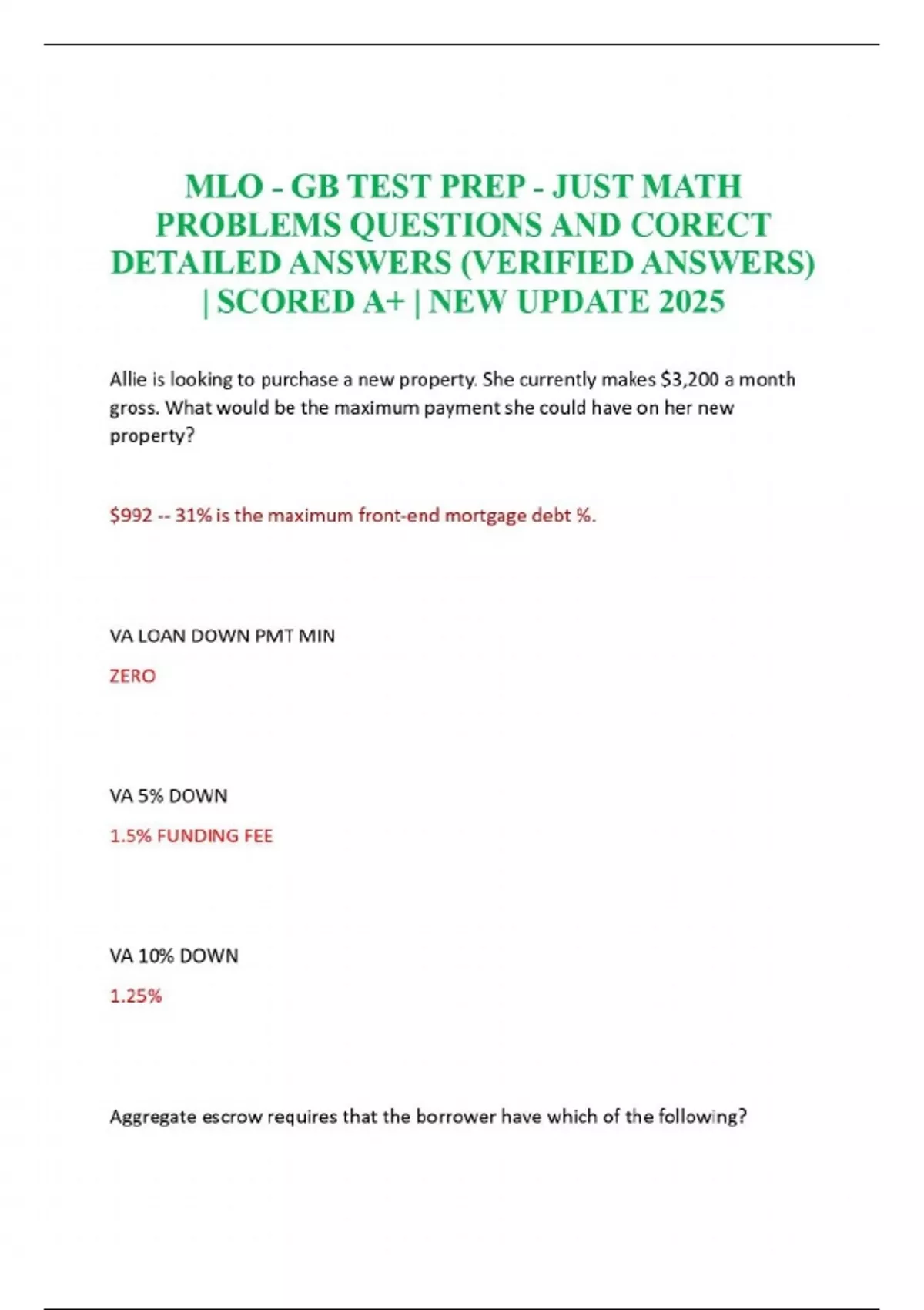 MLO - GB TEST PREP - JUST MATH PROBLEMS QUESTIONS AND CORECT DETAILED ...