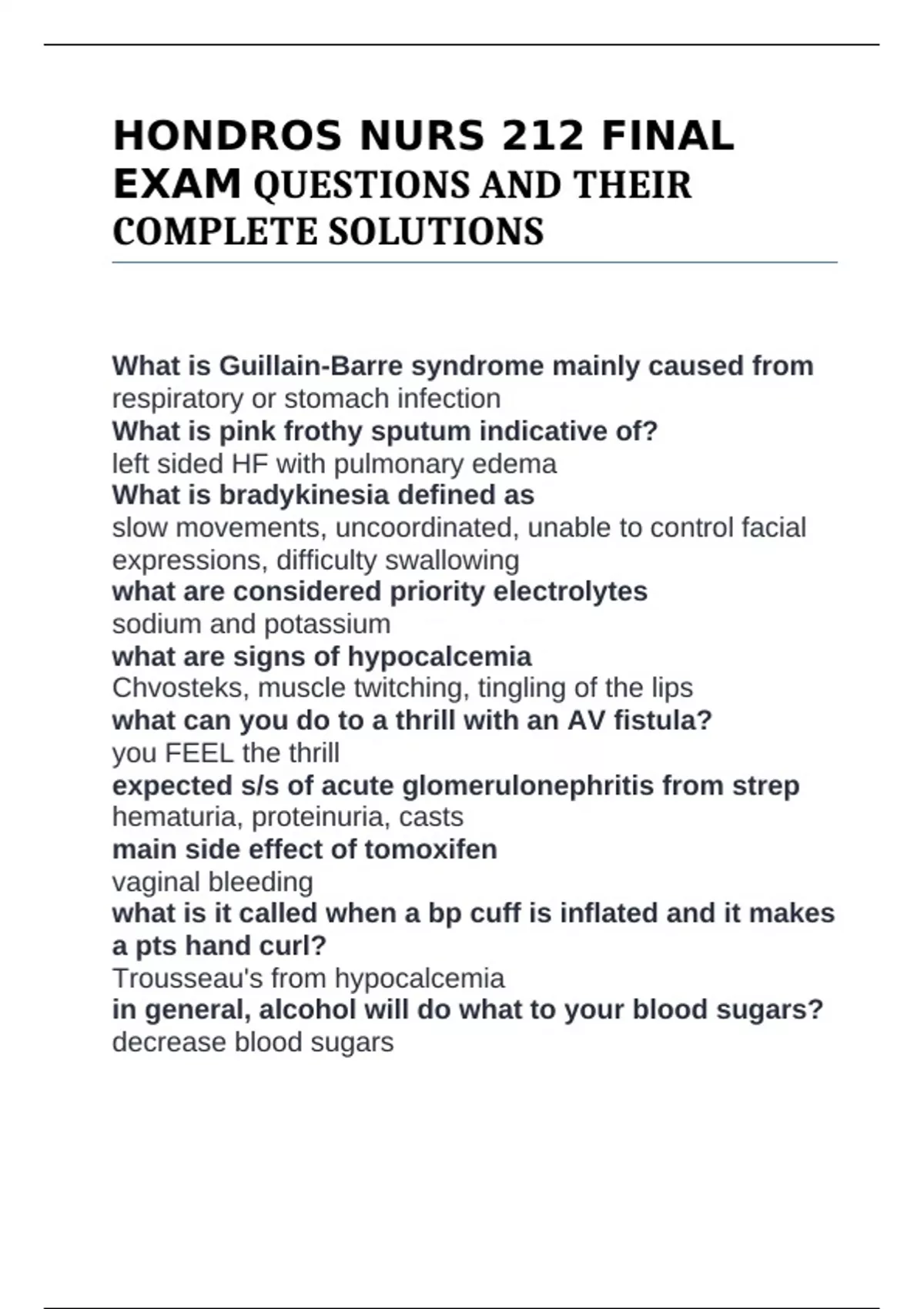 HONDROS NURS 212 FINAL EXAM QUESTIONS AND THEIR COMPLETE SOLUTIONS ...