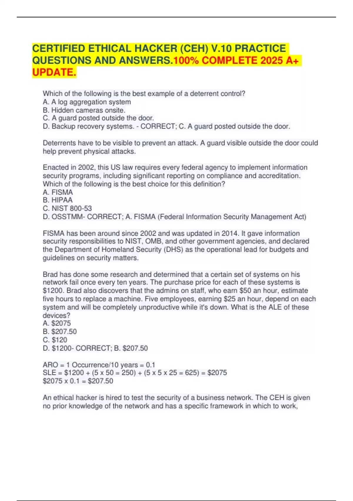 CERTIFIED ETHICAL HACKER (CEH) V.10 PRACTICE QUESTIONS AND ANSWERS.100% ...