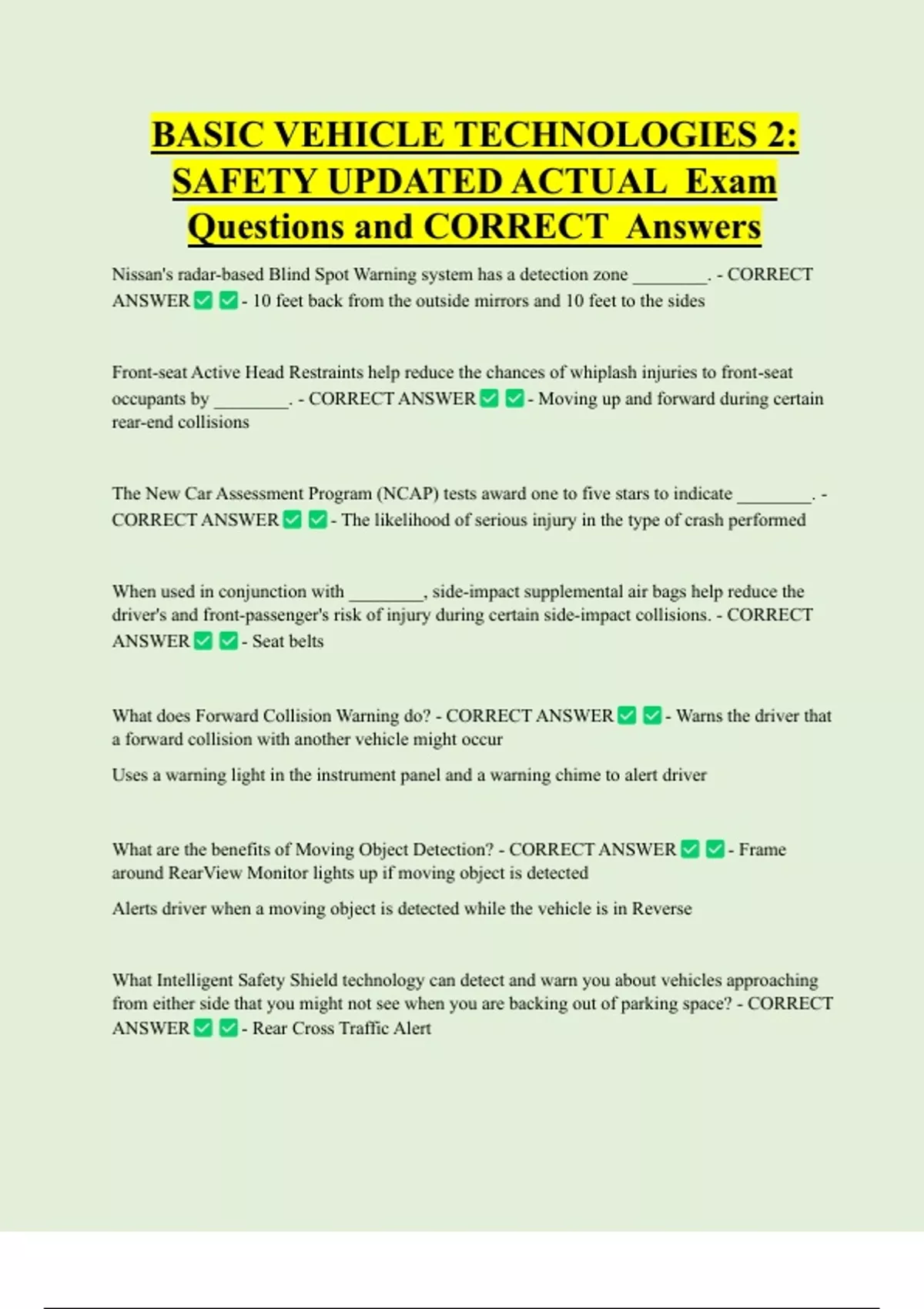BASIC VEHICLE TECHNOLOGIES 2: SAFETY UPDATED ACTUAL Exam Questions and ...