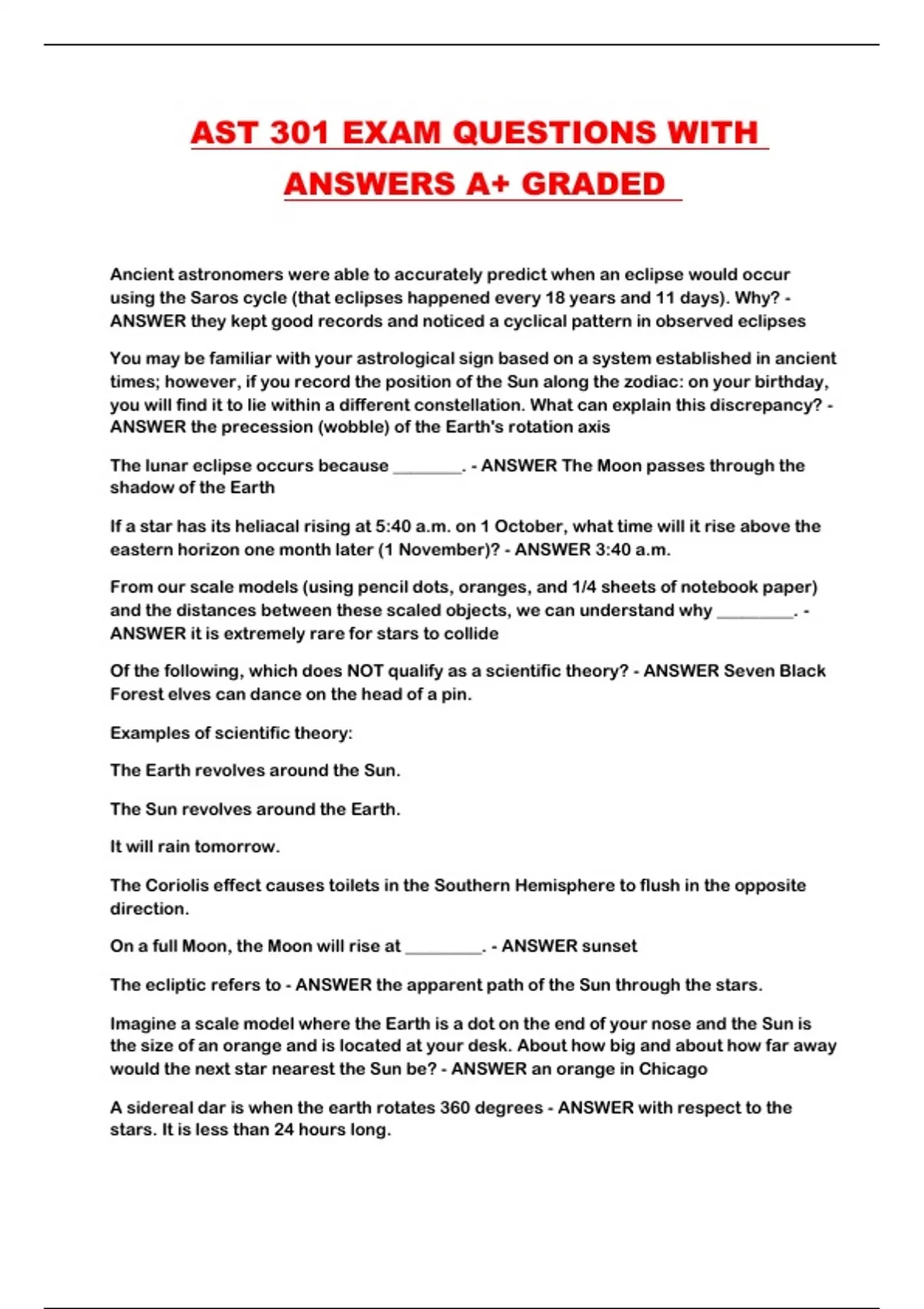 AST 301 EXAM QUESTIONS WITH ANSWERS A+ GRADED - AST 301 - Stuvia US