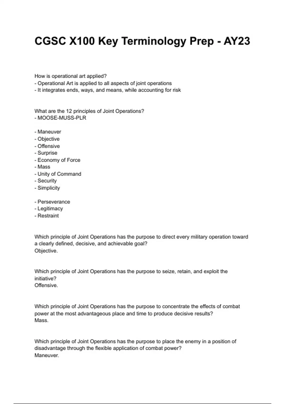 CGSC X100 Key Terminology Prep - AY23 Questions And Answers 2025/2026 ...