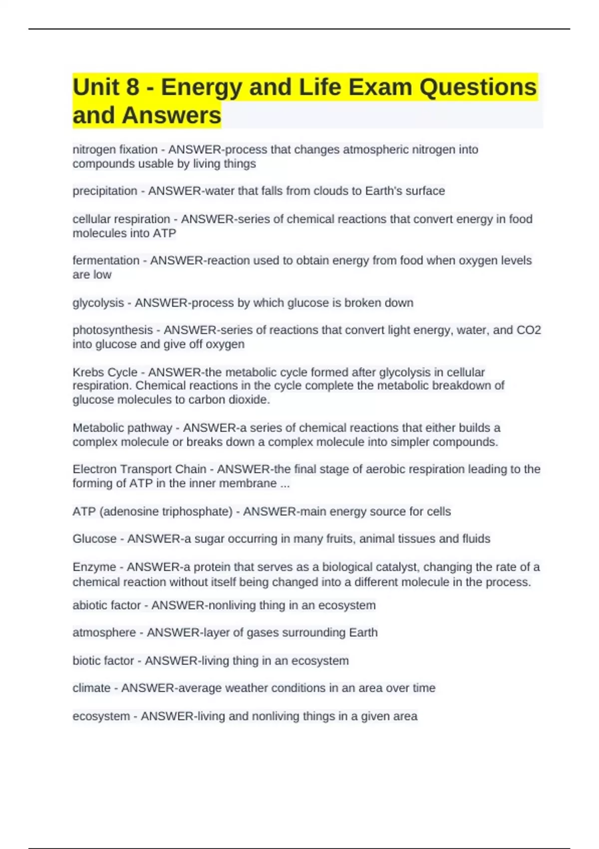 Unit 8 - Energy and Life Exam Questions and Answers - ENERGITIC OF LIFE ...