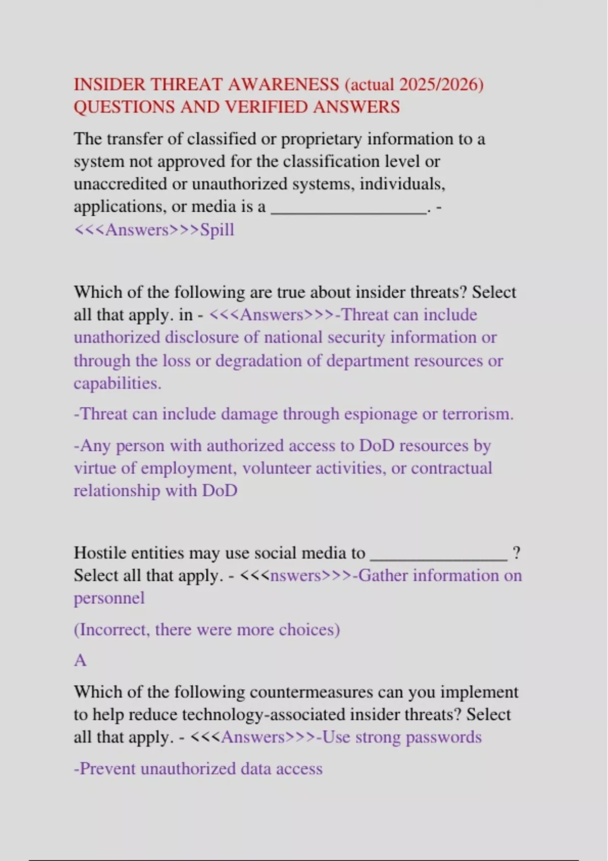 INSIDER THREAT AWARENESS (actual 2025/2026) QUESTIONS AND VERIFIED ...