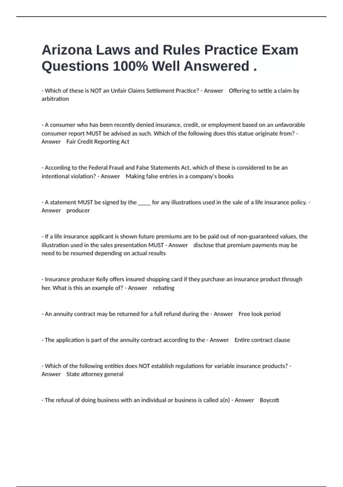 Arizona Laws and Rules Exam (All Questions Are Here all Solved Correctly) Package Deal Bundle ...