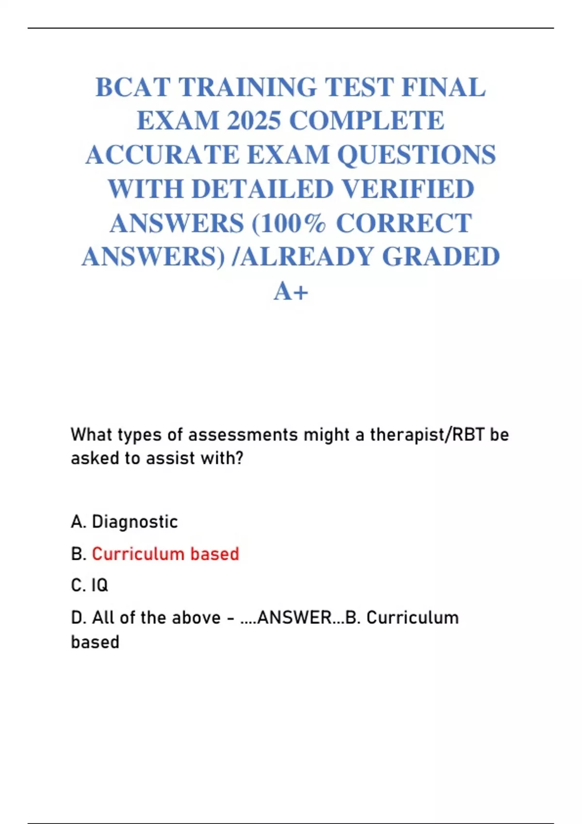 BCAT TRAINING TEST FINAL EXAM 2025 COMPLETE ACCURATE EXAM QUESTIONS ...