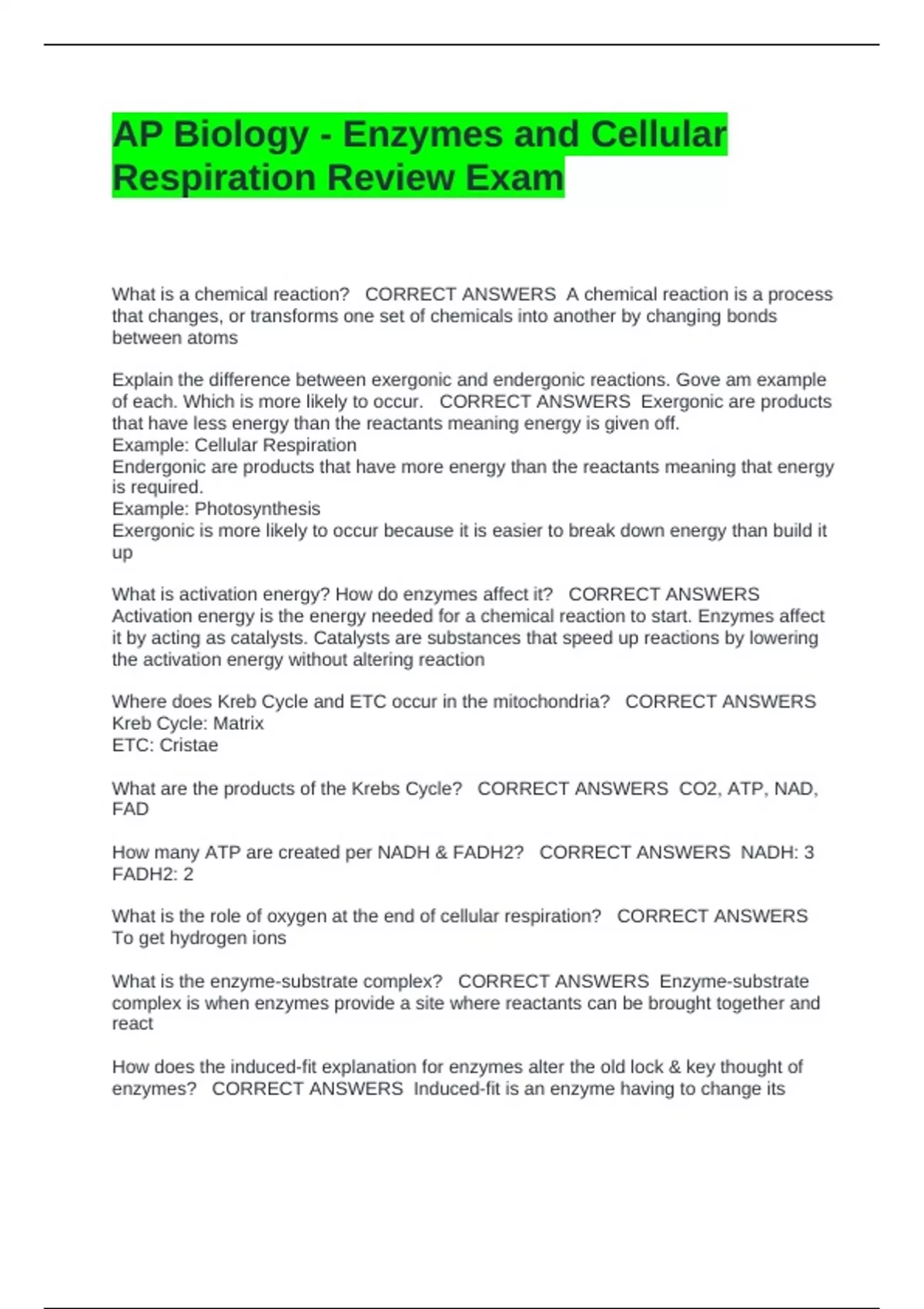 AP Biology - Enzymes and Cellular Respiration Review Exam Questions and ...