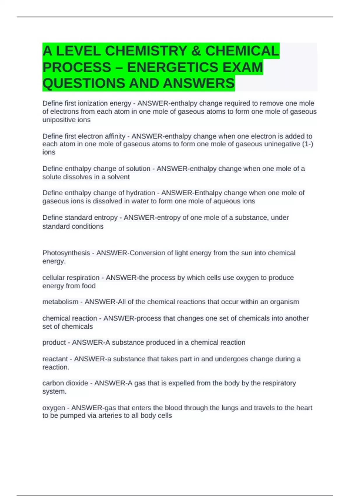 A LEVEL CHEMISTRY & CHEMICAL PROCESS – ENERGETICS EXAM QUESTIONS AND ...