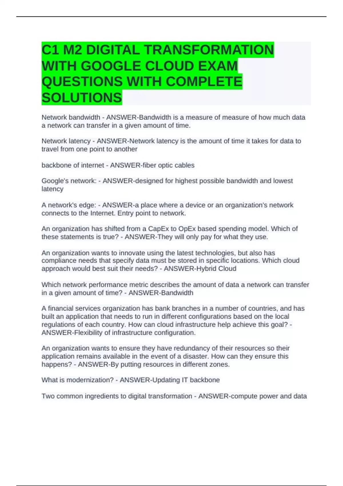 C1 M2 DIGITAL TRANSFORMATION WITH GOOGLE CLOUD EXAM QUESTIONS WITH COMPLETE SOLUTIONS - Google ...