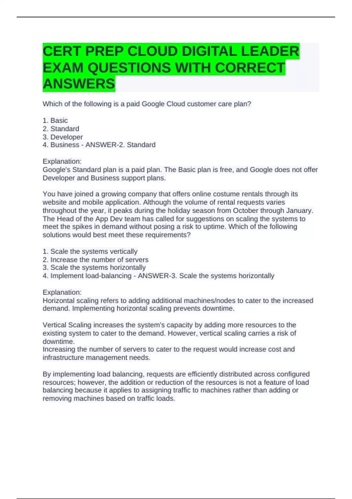CERT PREP CLOUD DIGITAL LEADER EXAM QUESTIONS WITH CORRECT ANSWERS ...