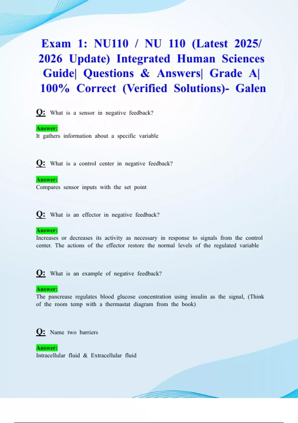 Exam 1: NU110 / NU 110 (Latest 2025/ 2026 Update) Integrated Human ...