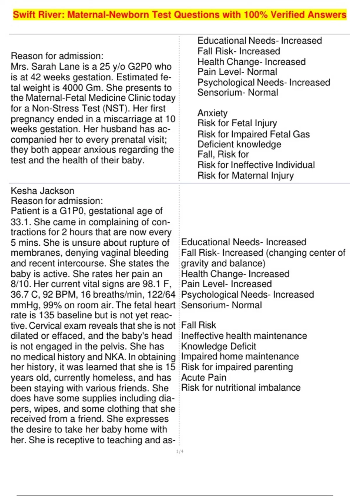Swift River: Maternal-Newborn Test Questions with 100% Verified Answers ...