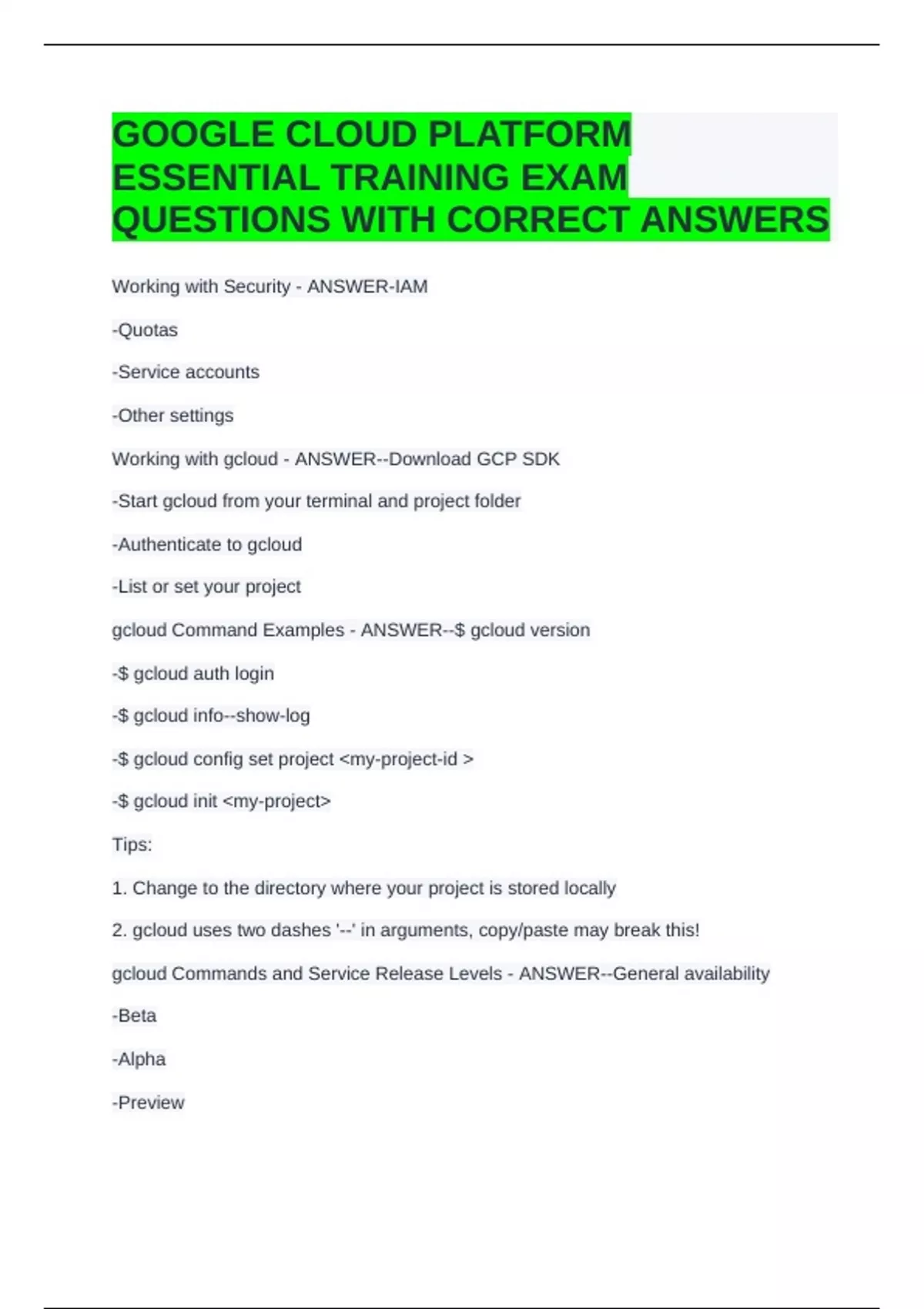 GOOGLE CLOUD PLATFORM ESSENTIAL TRAINING EXAM QUESTIONS WITH CORRECT ANSWERS - Google Cloud ...