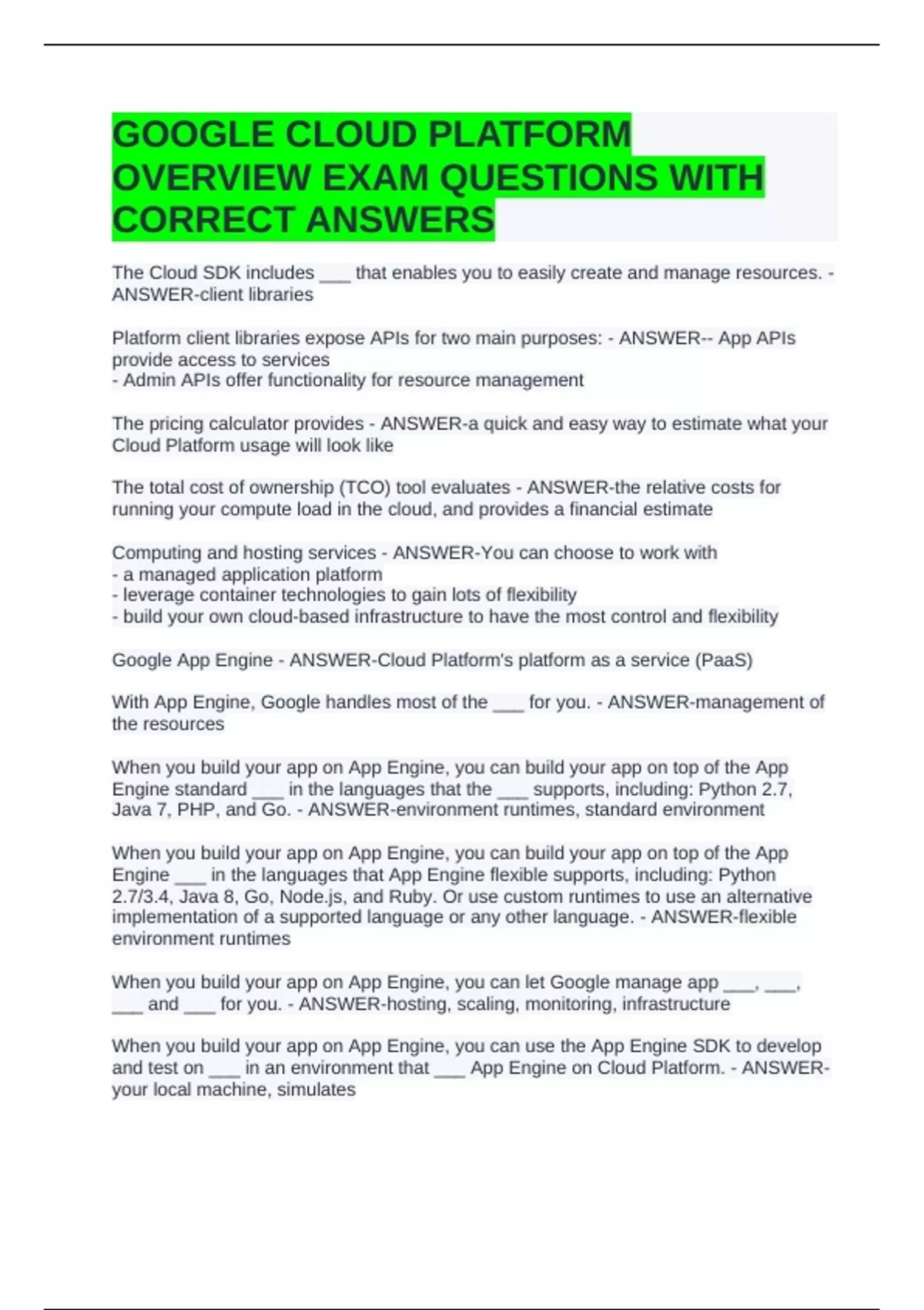 GOOGLE CLOUD PLATFORM OVERVIEW EXAM QUESTIONS WITH CORRECT ANSWERS ...