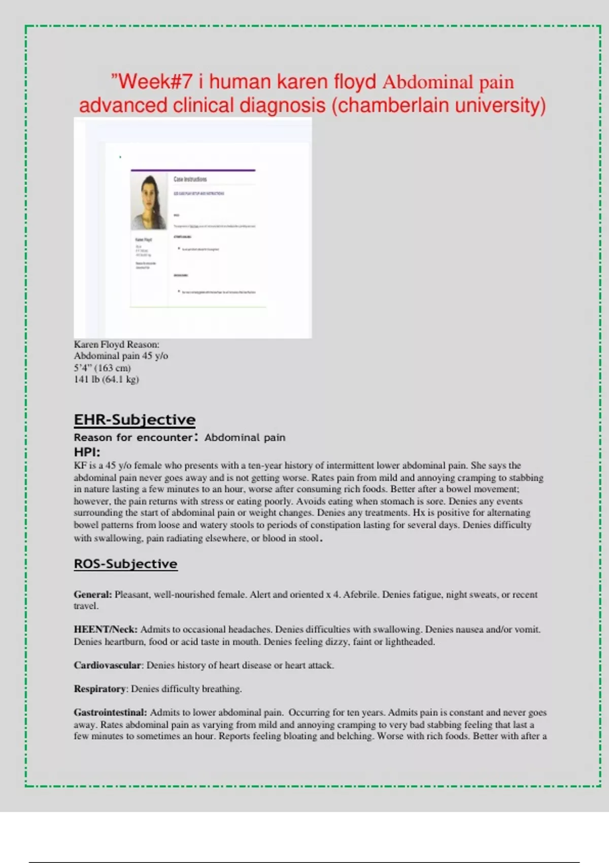 ”Week#7 i human karen floyd Abdominal pain advanced clinical diagnosis ...
