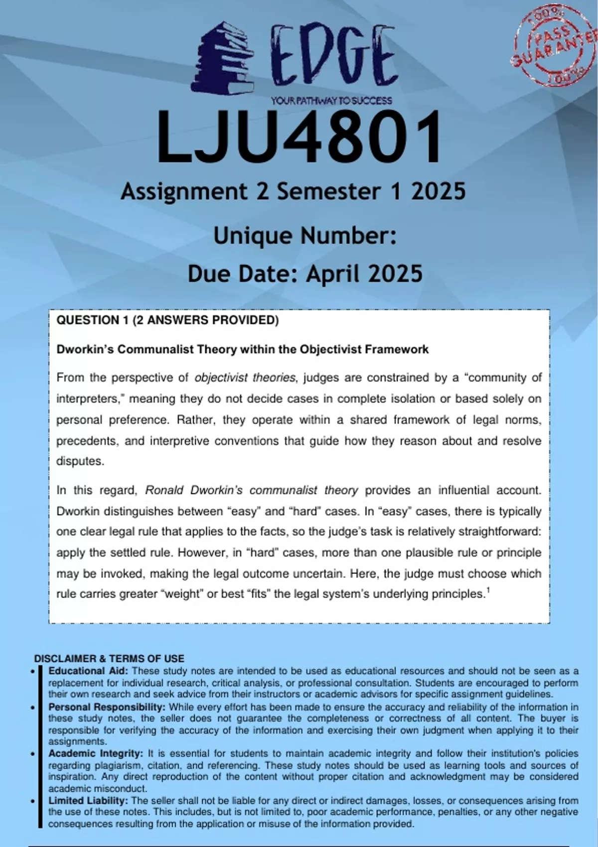LJU4801 Assignment 2 (ANSWERS) Semester 1 2025 - DISTINCTION GUARANTEED - Legal Philosophy ...