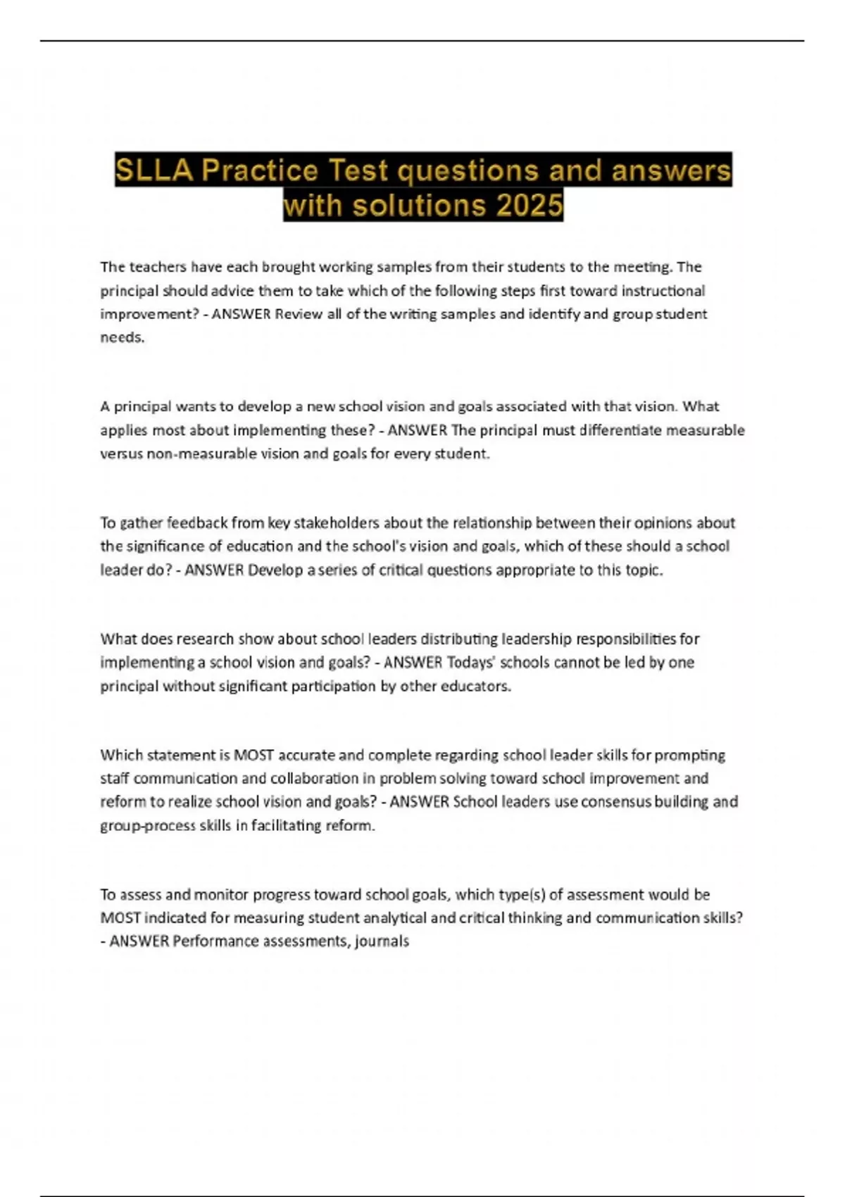 SLLA Practice Test questions and answers with solutions 2025 - SLLA ...