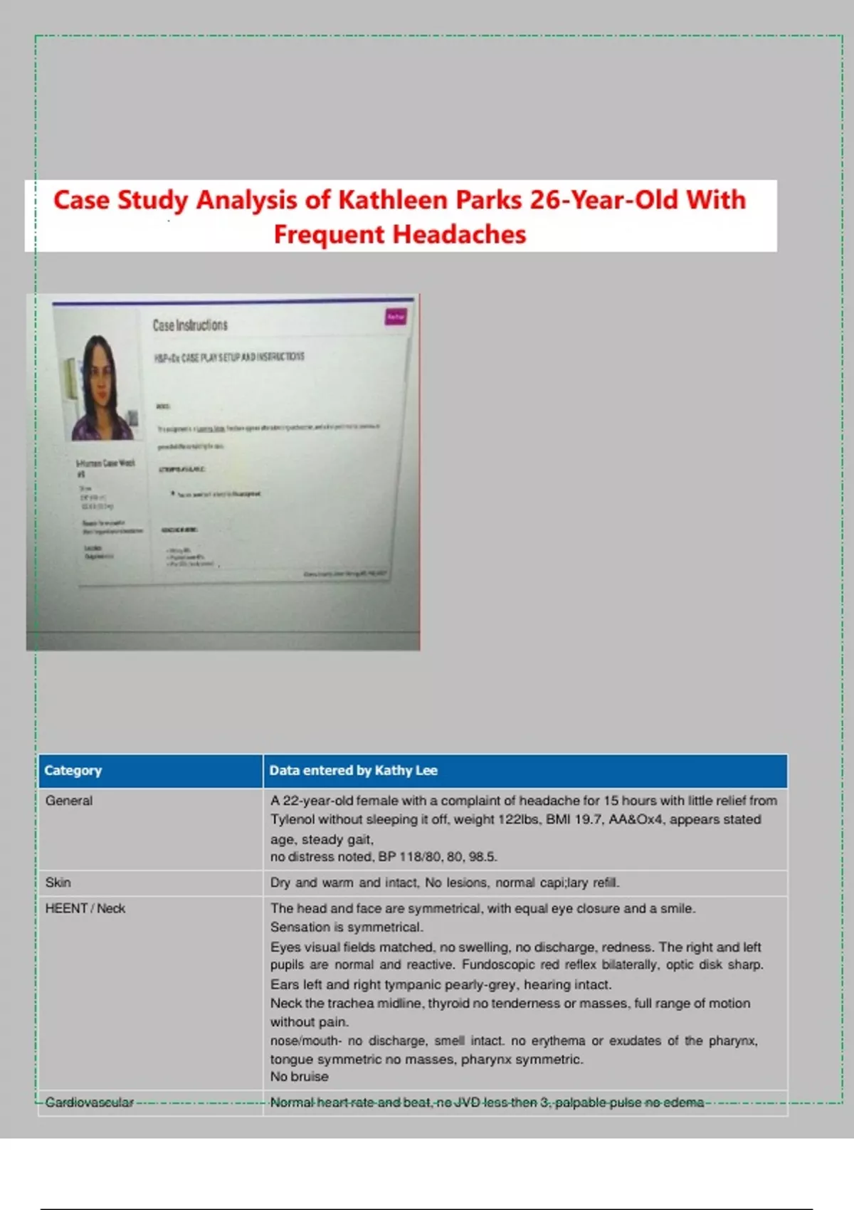 Case Study Analysis of Kathleen Parks 26-Year-Old With Frequent ...
