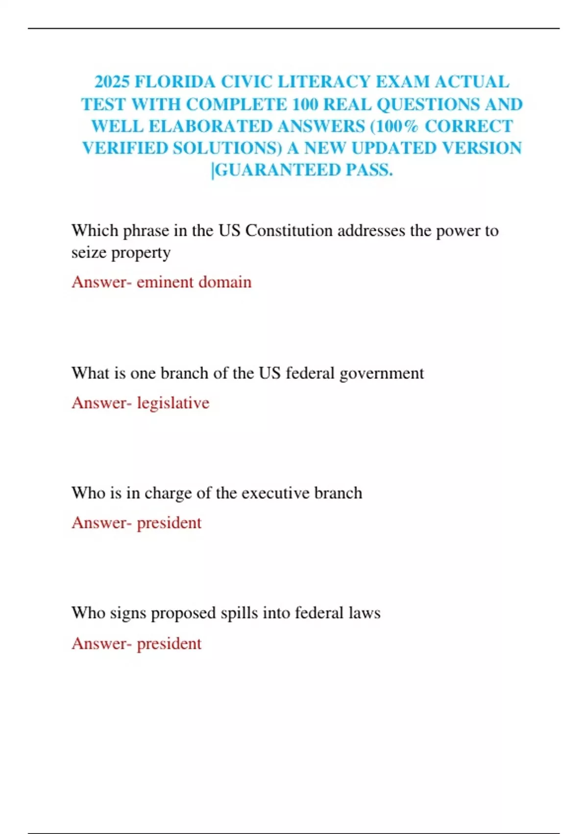 2025 FLORIDA CIVIC LITERACY EXAM ACTUAL TEST WITH COMPLETE 100 REAL ...