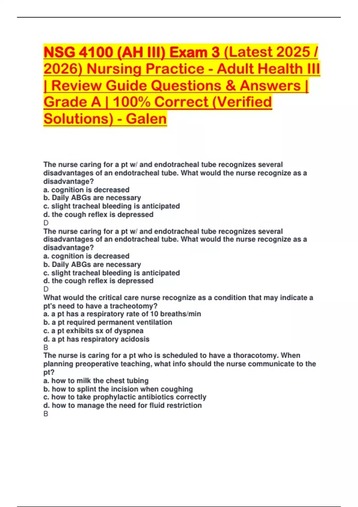 NSG 4100 (AH III) Exam 3 (Latest 2025 / 2026) Nursing Practice - Adult ...