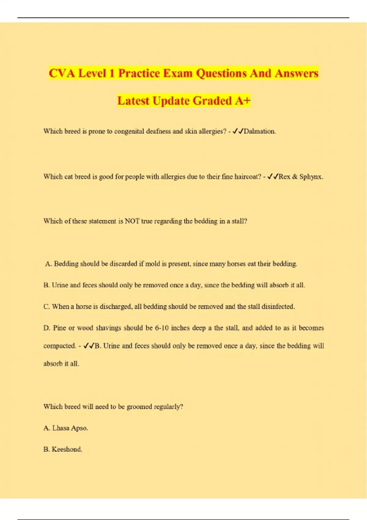 CVA Level 1 Practice Exam Questions And Answers Latest Update Graded A+ ...